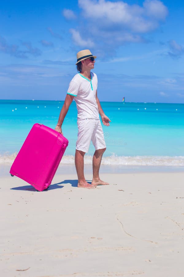 Young Traveler with His Luggage on a Tropical Beach Stock Image - Image ...