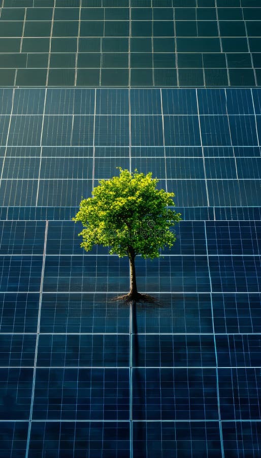 Young Tree Emerging Amid Solar Panels, Representing Renewable Energy ...