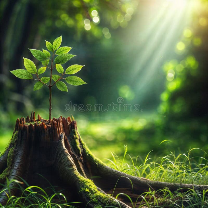 Young Tree Emerging from Old Tree Stump Green Nature Background Stock ...