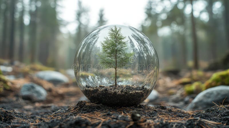Young Tree Enclosed in a Glass Sphere on Forest Floor Stock Photo ...