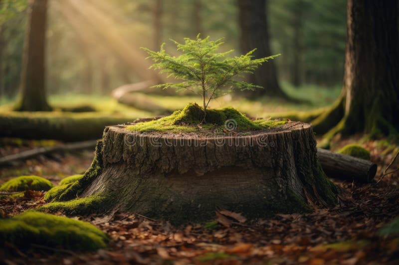 Young Tree Growing on Old Tree Stump in Sunlight Stock Illustration ...