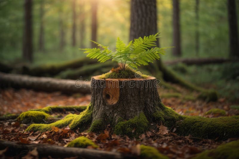 Young Tree Growing on Old Tree Stump in Sunlight Stock Illustration ...