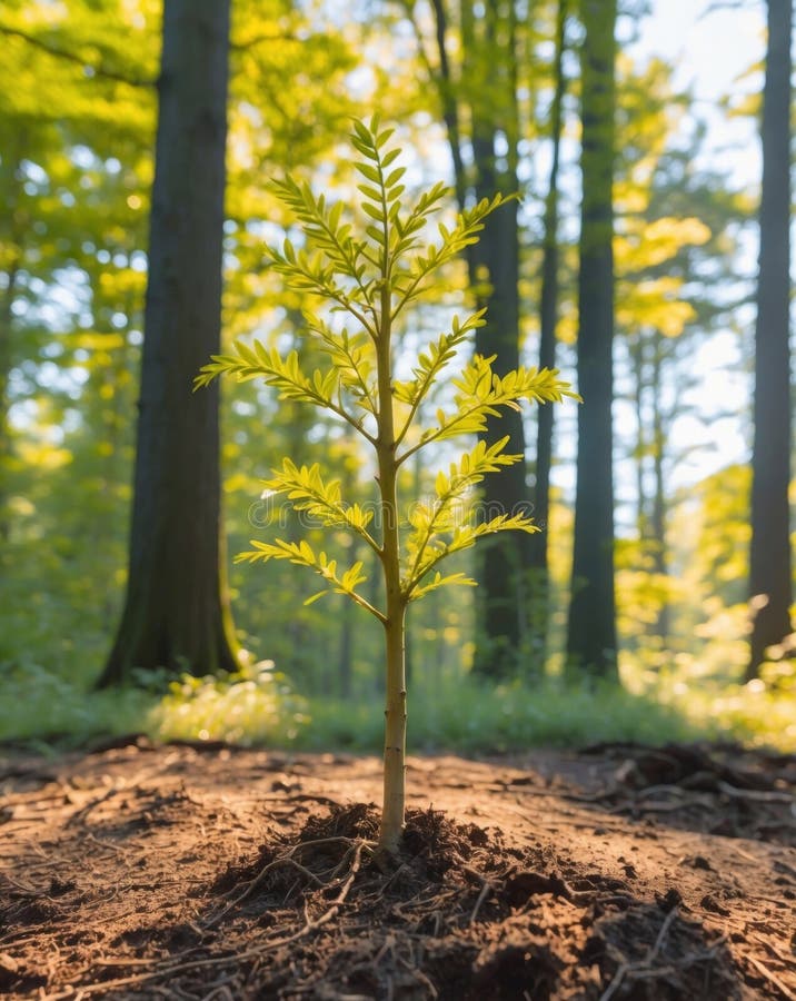 Young Tree Growing in Soil with Sun Shining through Trees. Stock Image ...