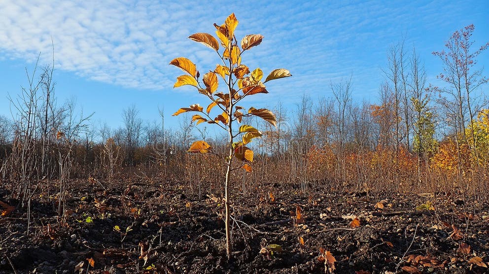 Young Tree Sapling in Autumn Field Stock Photo - Image of color, leaves ...