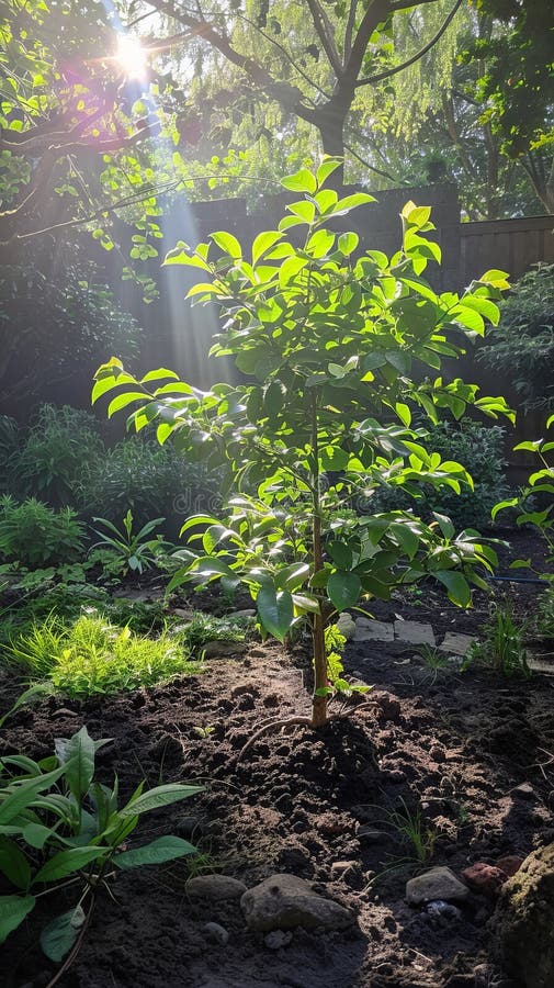 A Young Tree in the Spring in the Rays of the Rising Sun, New Life and ...
