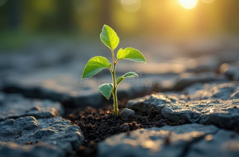 Young Tree Sprout Growing between Cracks in a Rocky Field, Determined ...