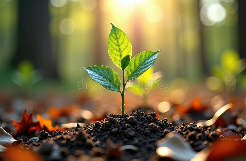 Young Tree Sprout Pushing through Forest Ground Covered in Mulch and ...