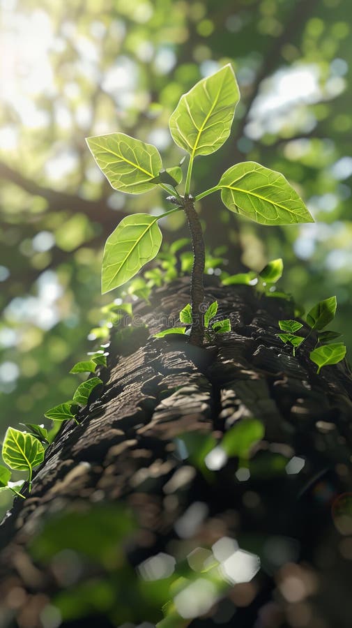 Young Tree Sprouting from Bark, Sunlight and Green Leaves, Sustainable ...