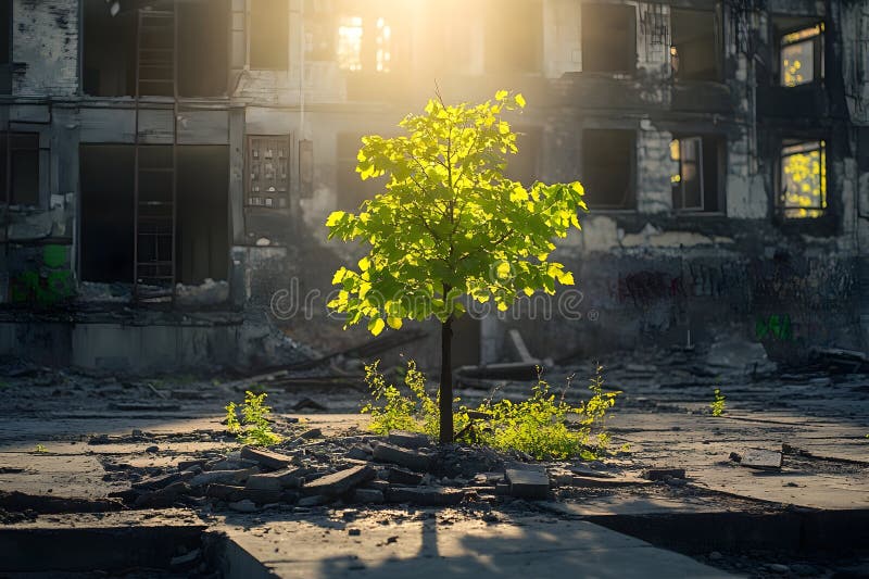 Young Tree Thriving Amidst Urban Decay in Sunlit Ruins Stock Image ...