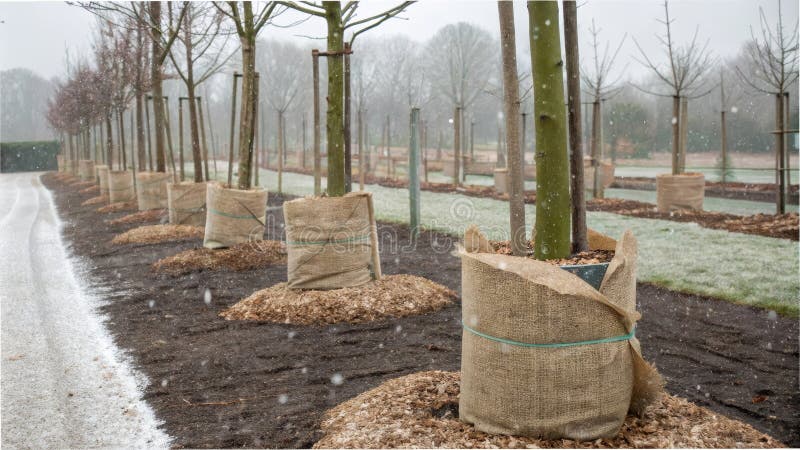 Young Trees Protected by Burlap in Winter Landscape with Snowfall Stock ...
