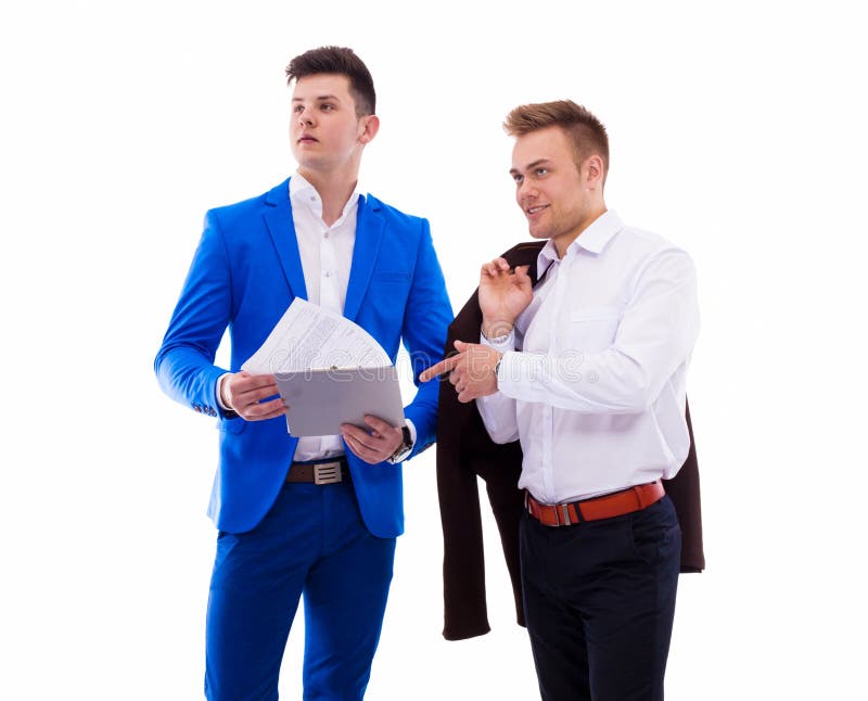 Young Two Men Standing with Folder, Isolated on White Backgroun Stock ...