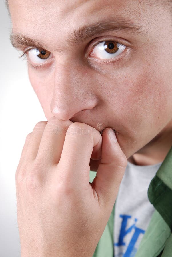 Young Unconfident Guy Clothing His Mouth Stock Photo - Image of mind ...