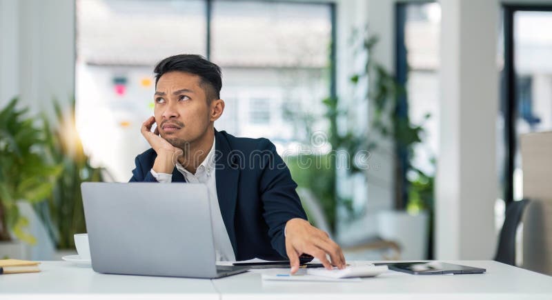 Young Unhappy Man Office Worker Feeling Bored at Work, Looking at ...