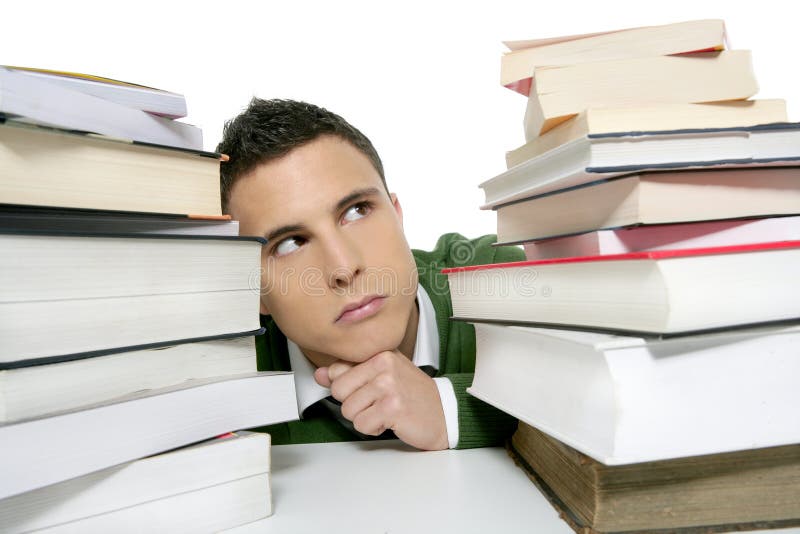 Young Unhappy Student with Stacked Books Stock Photo - Image of desk ...