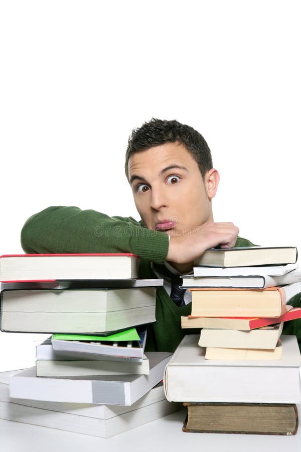 Young Unhappy Student with Stacked Books Stock Photo - Image of ...