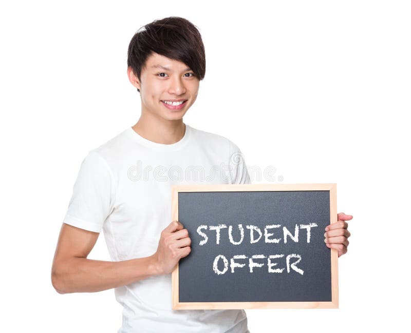 Young University Student with Blackboard Showing Student Offer Stock ...