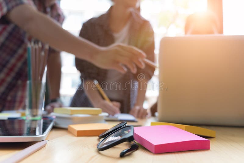 Young University Students Studying with Computer in Cafe. Group Stock ...