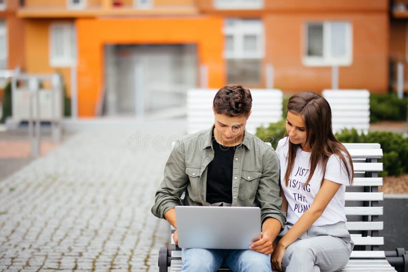 Young Urban People Outdoor Using Computer Laptop Sunny Day Stock Photo ...