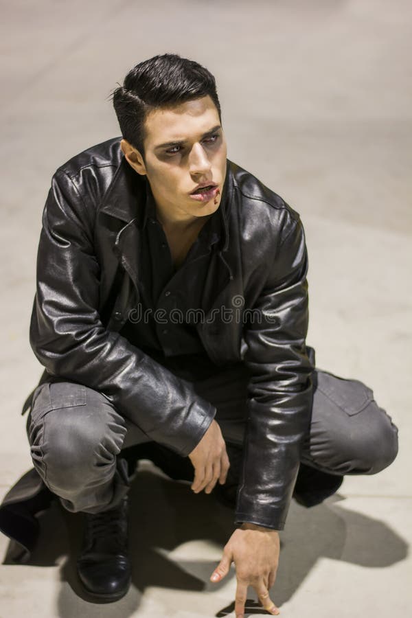 Young Vampire Man with Black Leather Jacket Stock Image - Image of ...