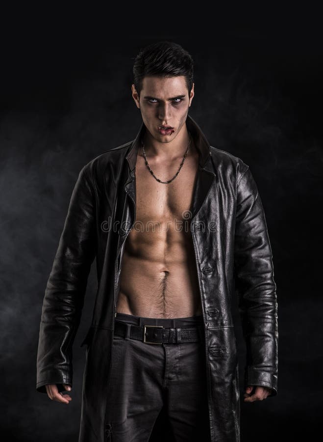 Young Vampire Man in an Open Black Leather Jacket Stock Photo - Image ...