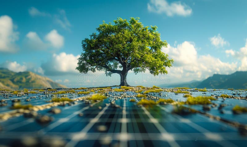 Young Vibrant Tree Sprouting Amid Solar Panel Field - Renewable Energy ...