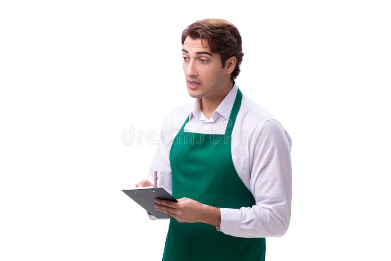 The Young Waiter Isolated on White Background Stock Photo - Image of ...