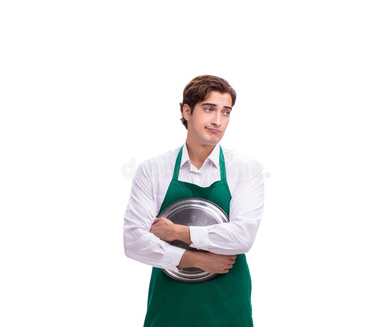 Young Waiter Isolated on White Background Stock Photo - Image of lunch ...