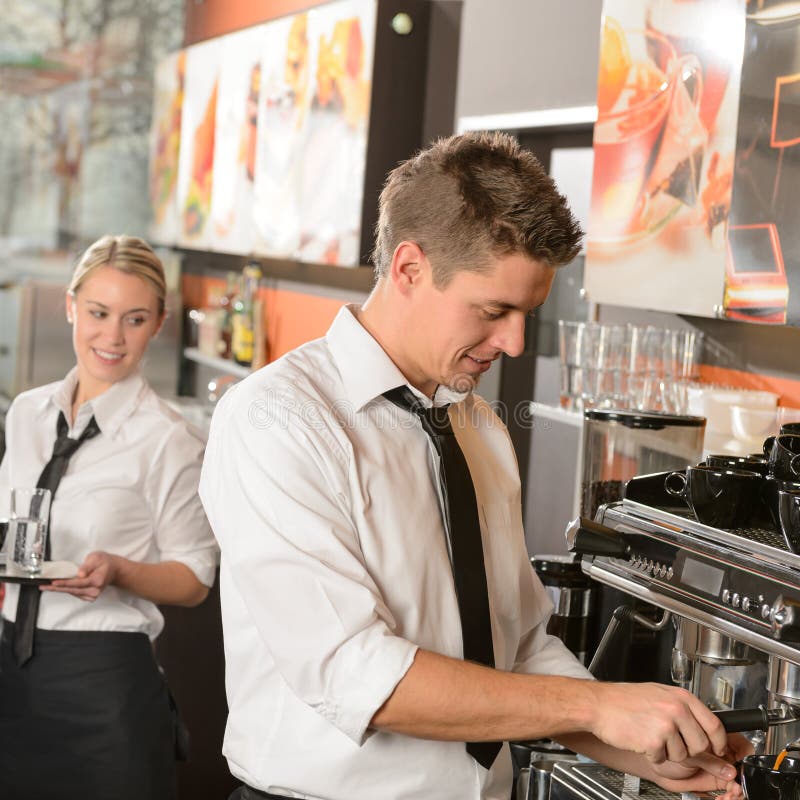 Young Waiter and Waitress Working in Bar Stock Image - Image of working ...