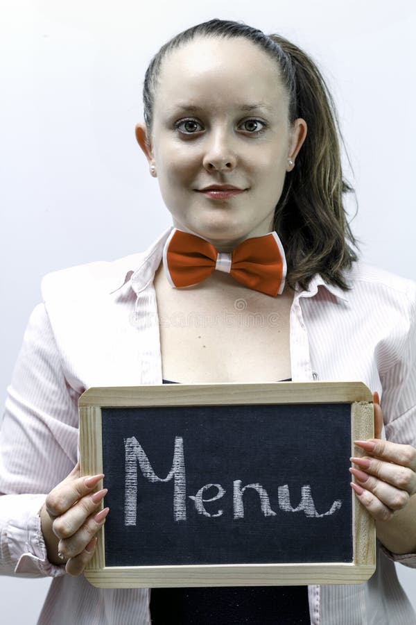 Young Waitress Holding Menu Board in Hands Stock Image - Image of ...
