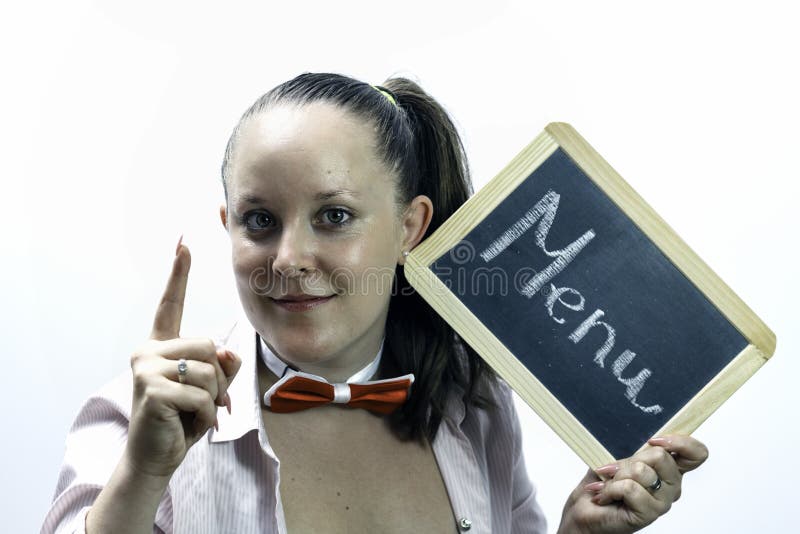Young Waitress Holding Menu Board in Hands Stock Photo - Image of order ...