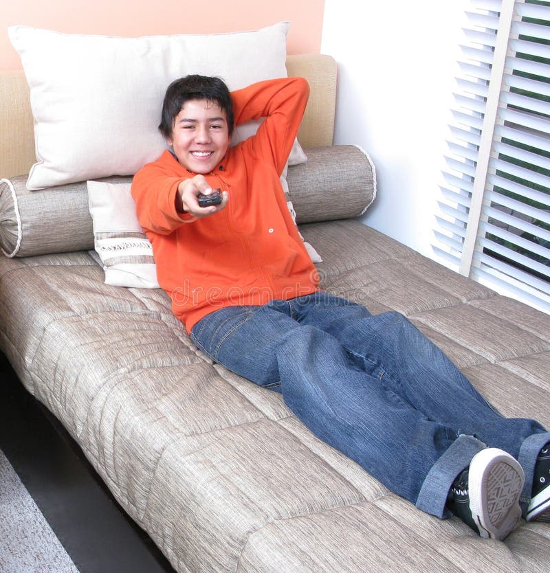 Young Boy Watching Television at Home Stock Photo - Image of camera ...
