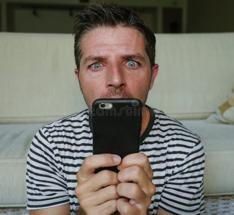 Young Cell Phone Addict Man Awake at Night in Bed Using Smartphone ...