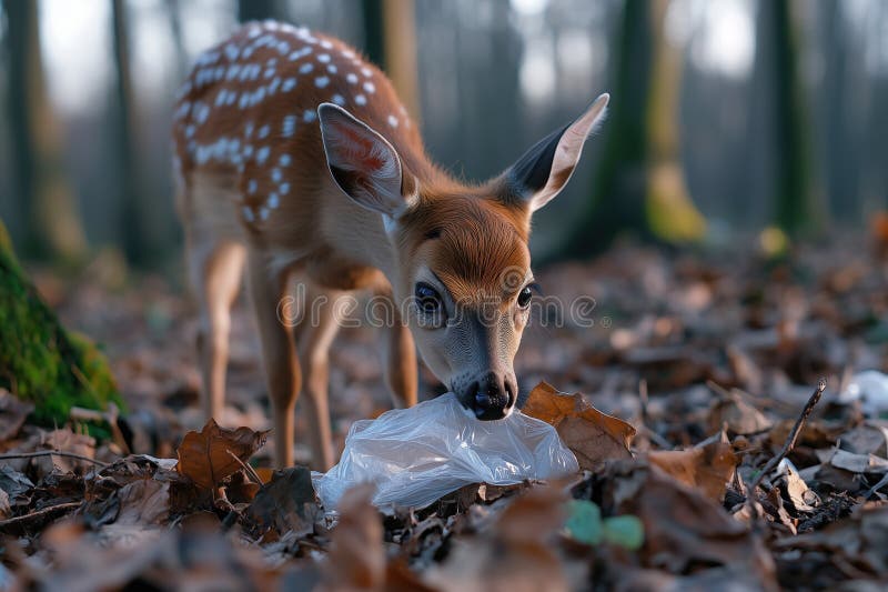 Young Whitetail Deer Fawn Eating a Plastic Bag in the Forest Stock ...