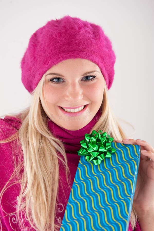 Young Winter Woman in Hat with Present Stock Image - Image of beauty ...