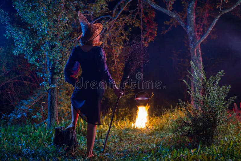 Young Witch by Fire in Night Forest Stock Photo - Image of ancient ...