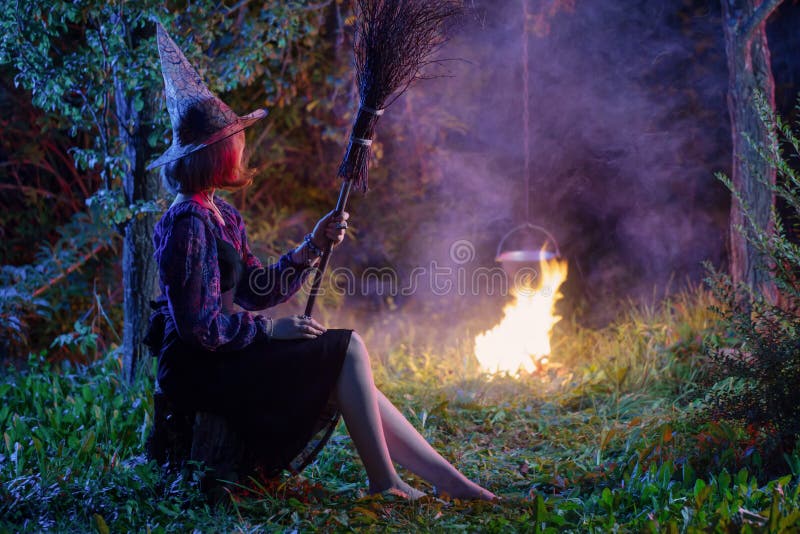 Young Witch by Fire in Night Forest Stock Image - Image of ancient ...