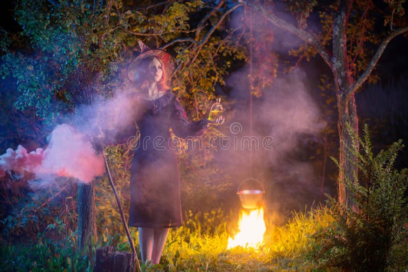 Young Witch by Fire in Night Forest Stock Image - Image of fashion ...