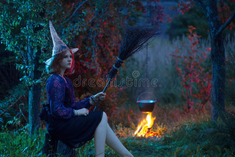 Young Witch by Fire in Night Forest Stock Image - Image of magician ...