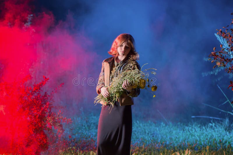 Witch with Flowers in Magic Forest Stock Image - Image of magical ...