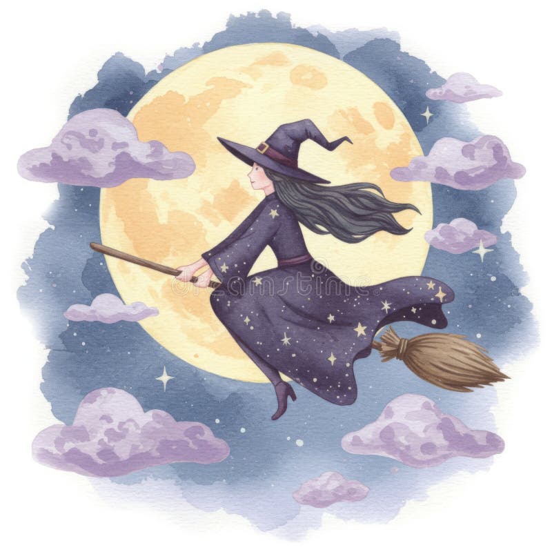 Young Witch Flying on Broomstick at Night Under Full Moon Stock ...