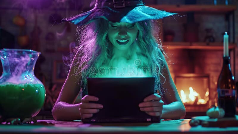 Young Witch in Hat with Laptop and Witch S Potion - Concept of ...