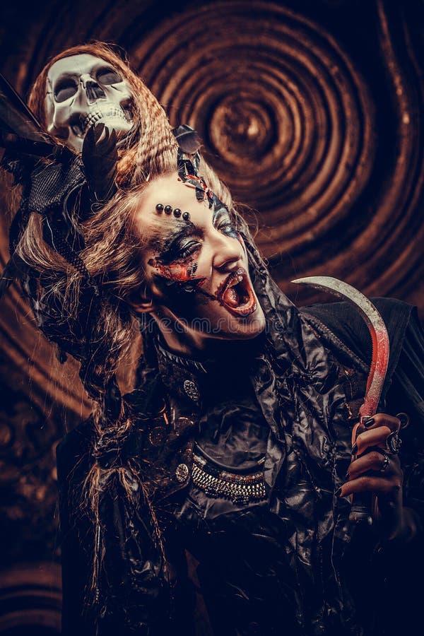 Young Witch Hloding Sickle. Bright Make Up, Skull, Smoke- Halloween ...
