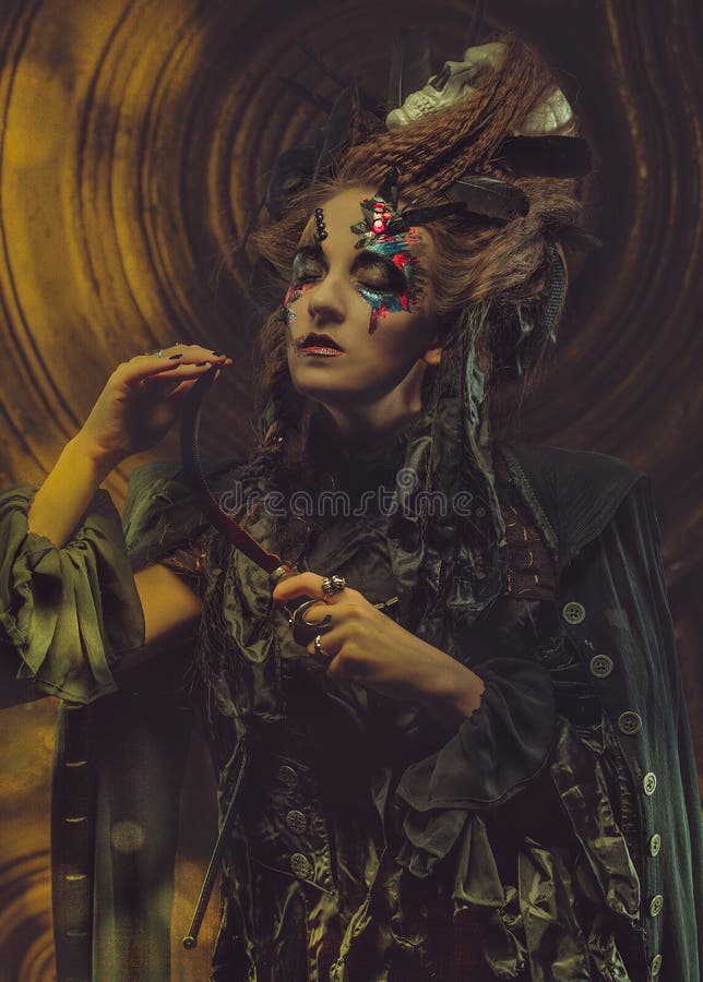 Young Witch Hloding Sickle. Bright Make Up, Skull, Smoke- Halloween ...