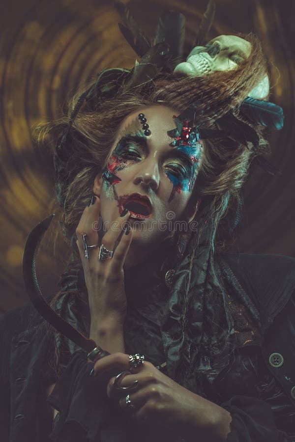 Young Witch Hloding Sickle. Bright Make Up, Skull, Smoke- Halloween ...