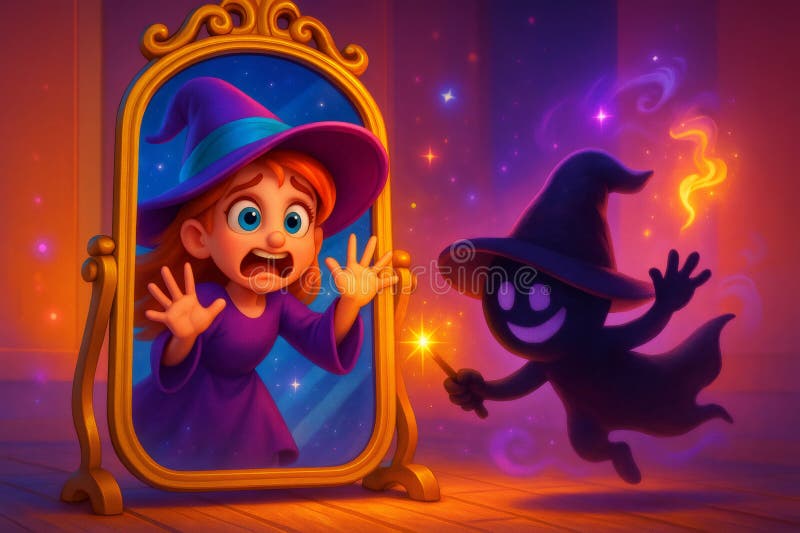 Young Witch Looking at a Dark Wizard Appearing from a Magic Mirror ...
