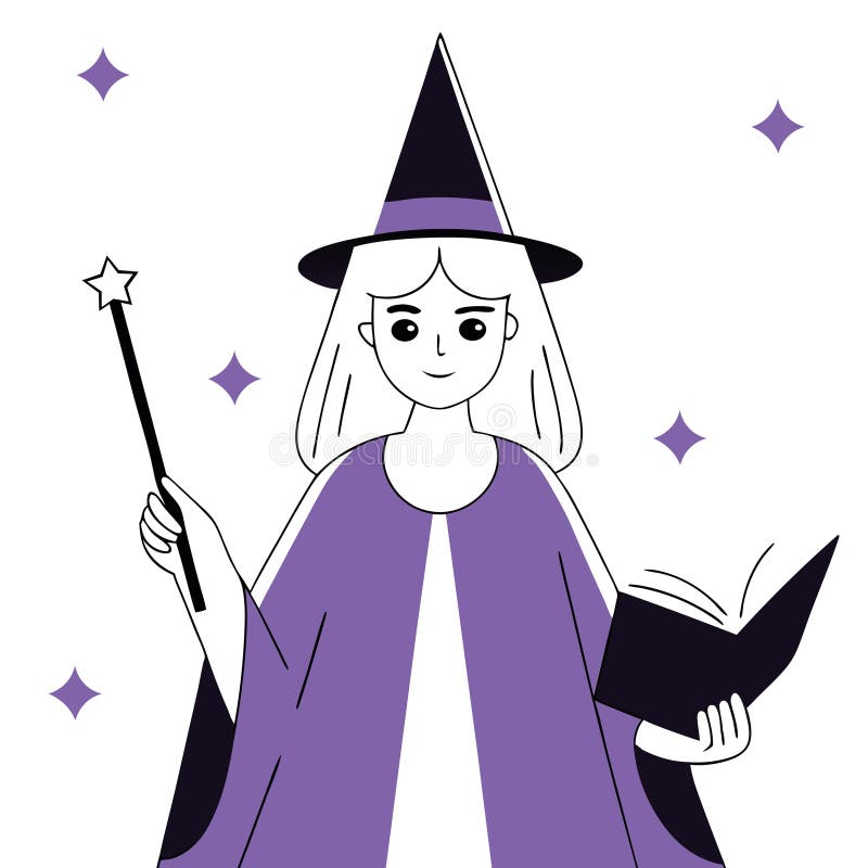 Young Witch with a Magic Wand and a Book of Spells Stock Vector ...