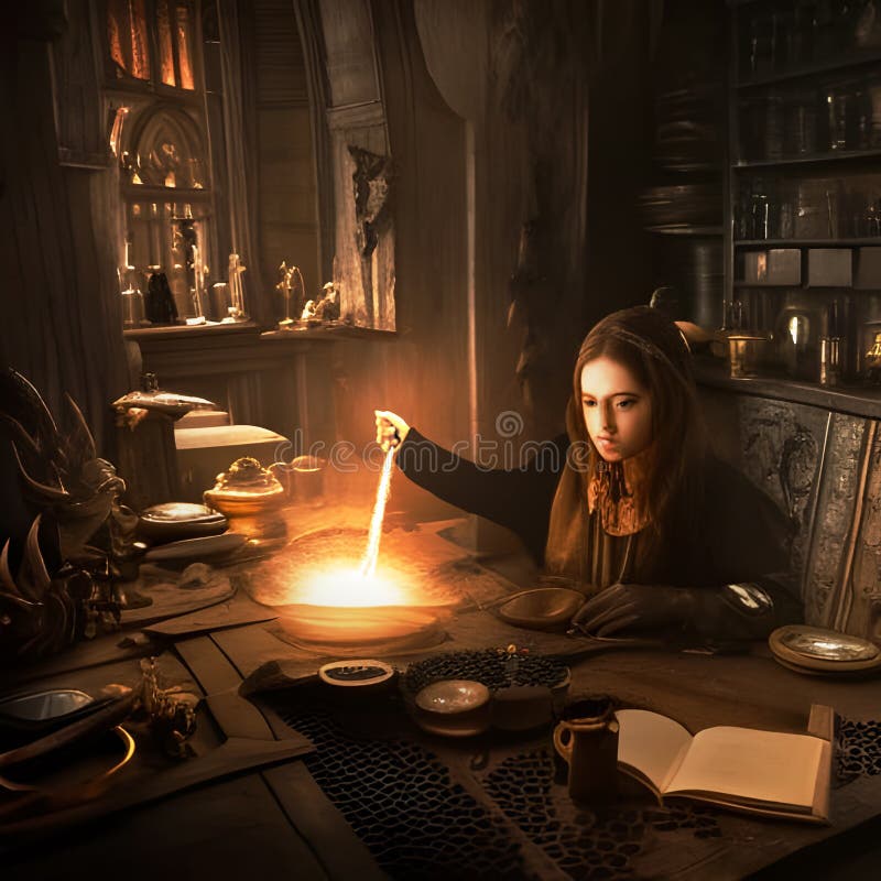 Young Witch Making Potions Depiction Stock Illustration - Illustration ...