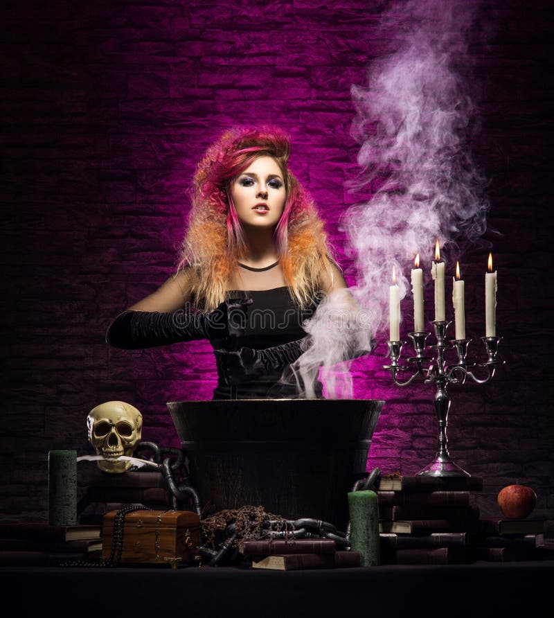 Young Witch Making Witchcraft in a Hallowen Dungeon Stock Photo - Image ...