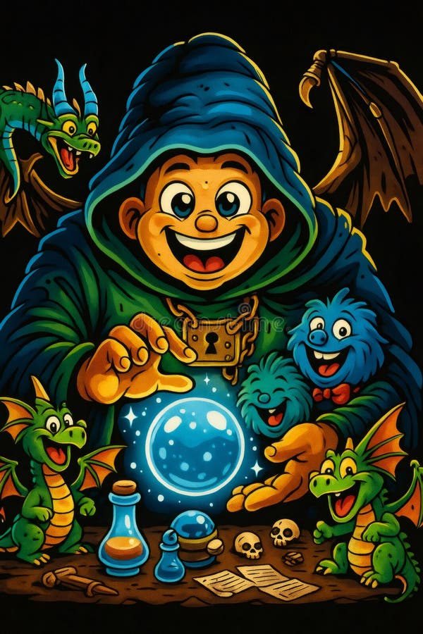 Young Wizard Casting a Spell with Magic Crystal Ball, Dragons and ...
