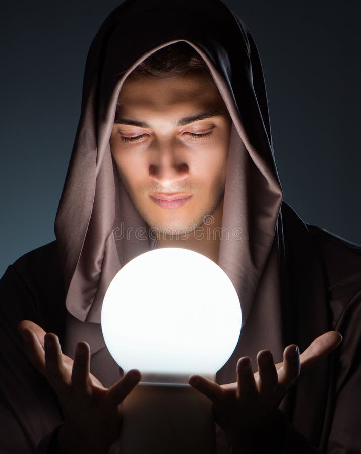 Young Wizard with Crystal Ball in Dark Room Stock Image - Image of ball ...